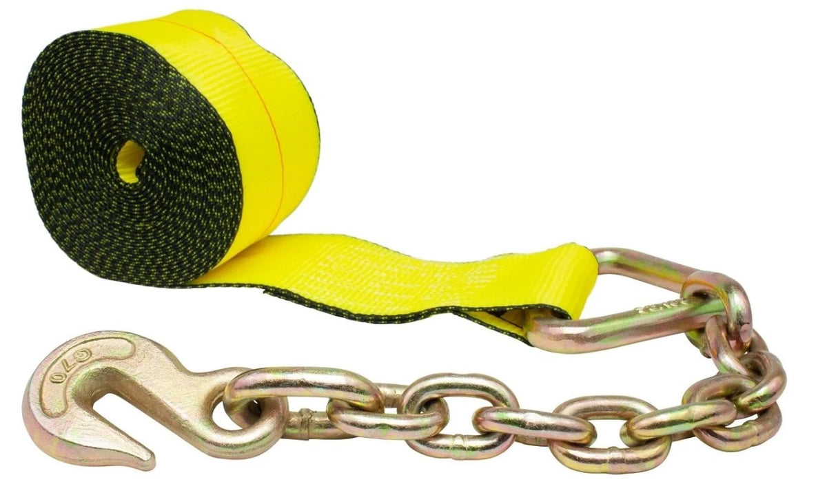 4 in. x 30 ft. Winch Strap with Chain Anchor, Flatbed Tie-Down Strap w ...